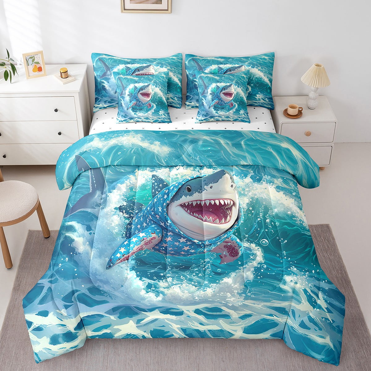 Erosebridal Funny Shark Bed in a Bag Twin Size, Blue Ocean Sea Wave Bed ...