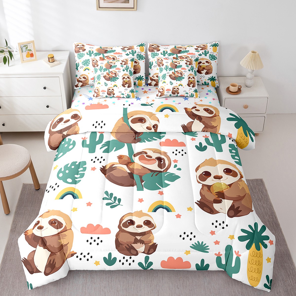 Erosebridal Funny Sloth Bedding King Size, Cute Rainbow Stars Comforter ...