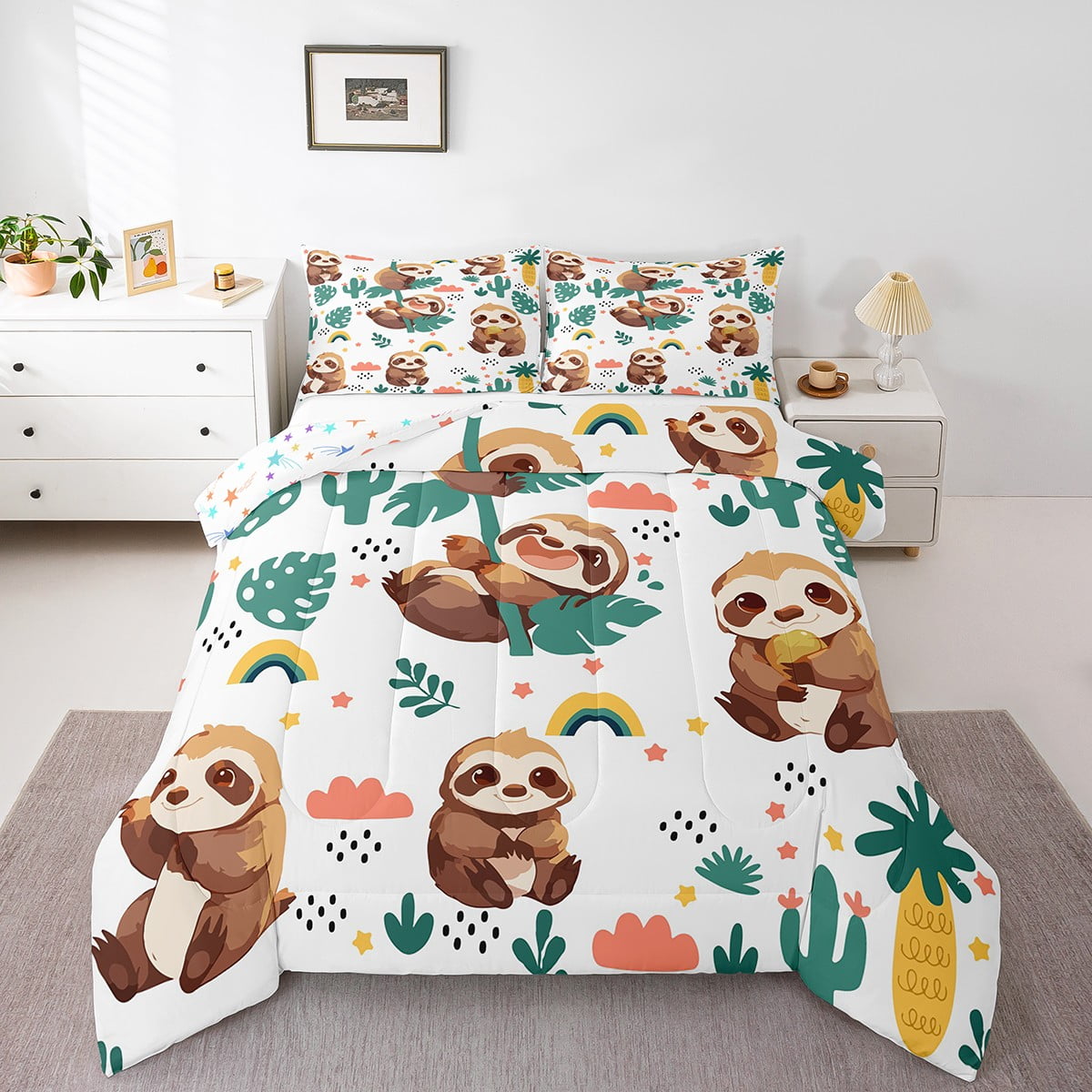 Erosebridal Funny Sloth Comforter Sets King Size, Cute Rainbow Stars ...