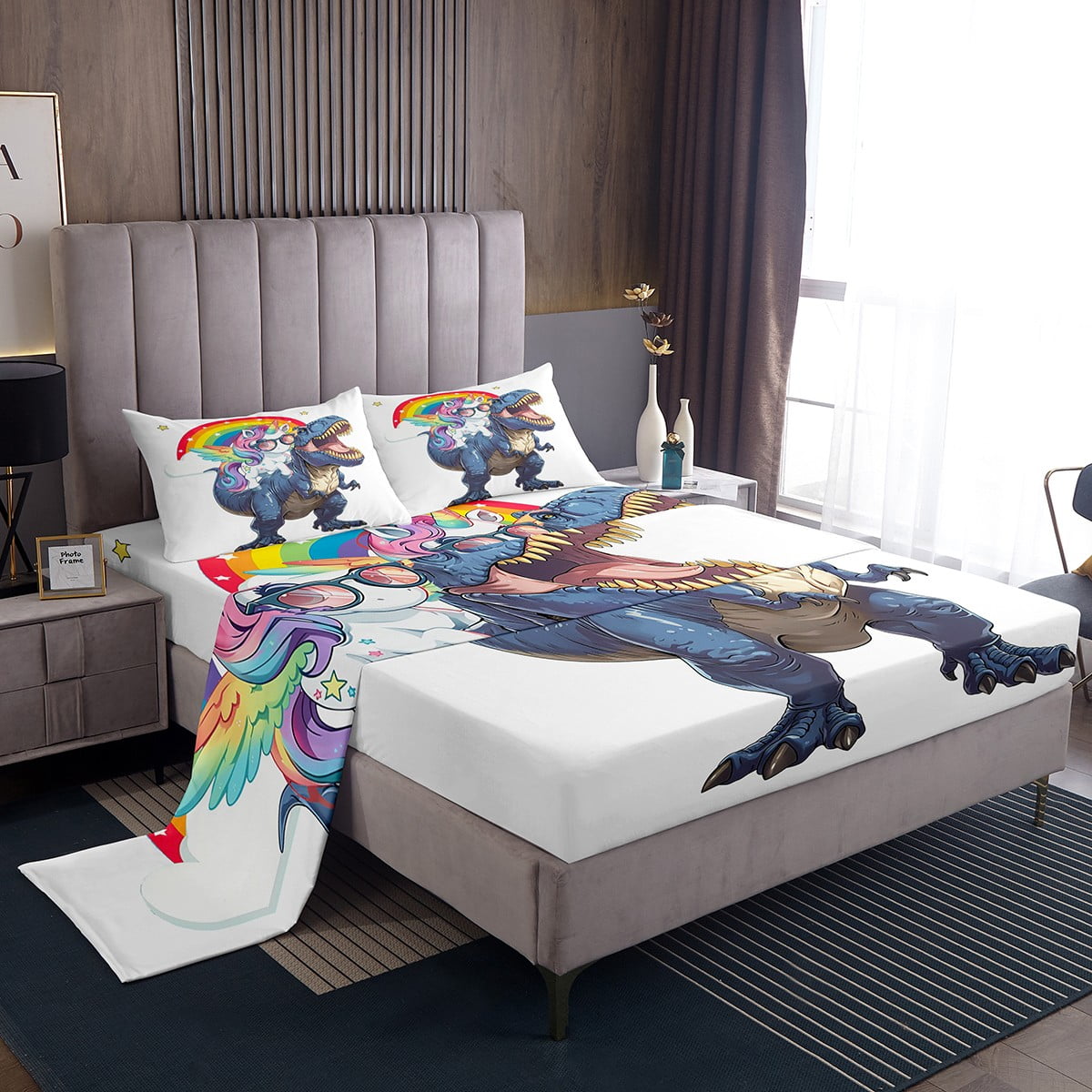 Erosebridal Funny Unicorn Riding Dinosaur Bed Sheets Set Twin Size ...