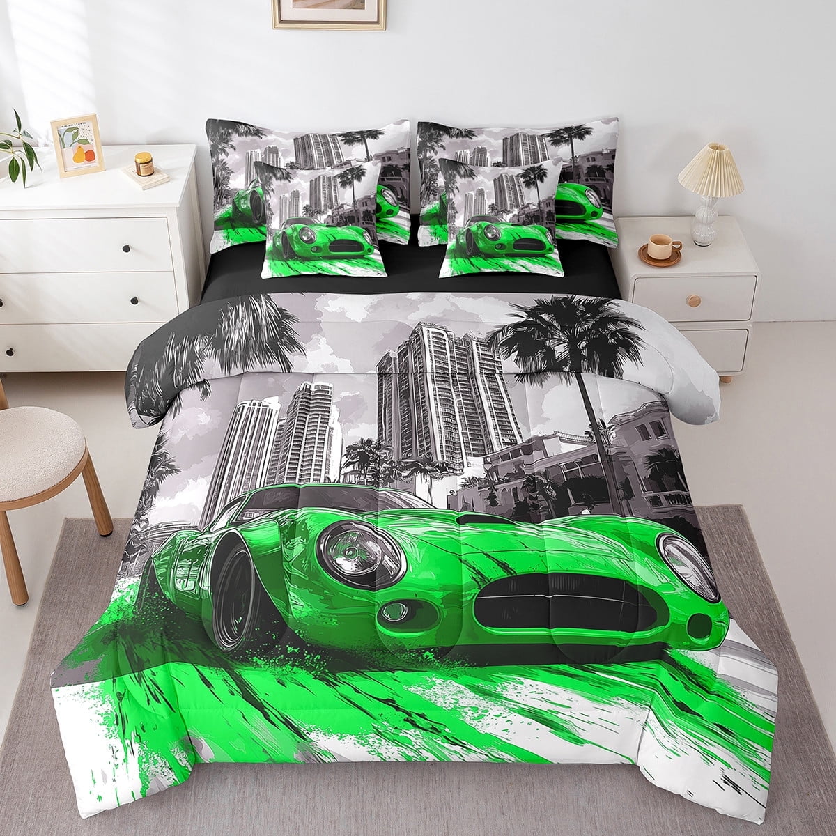 Erosebridal Futuristic Race Car Bed in a Bag Twin size, Green Bed Set ...