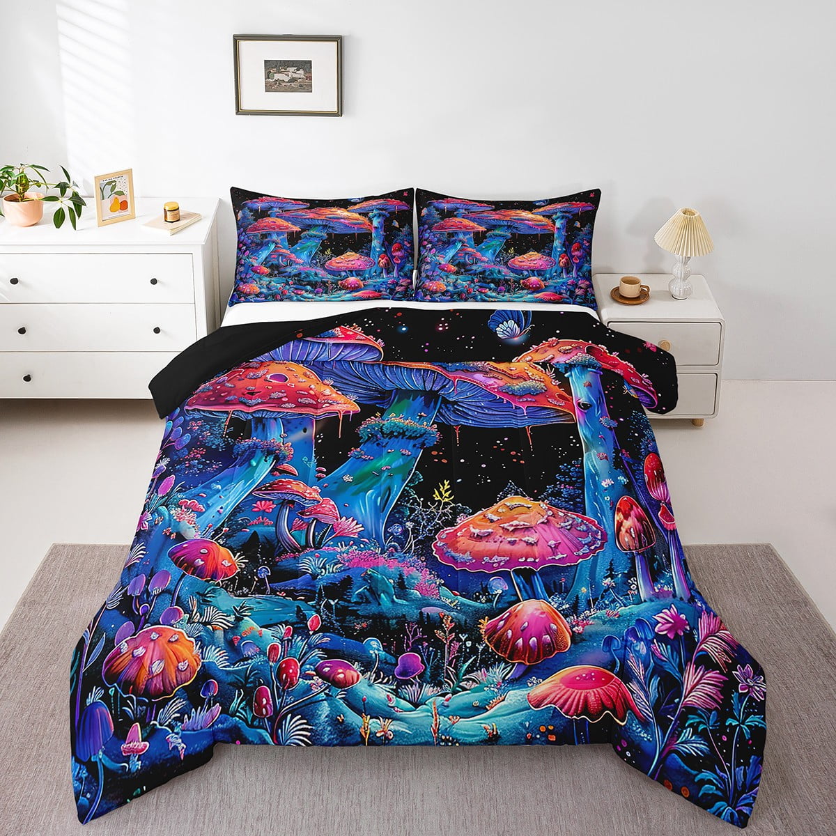 Erosebridal Galaxy Plant Bedding Twin Comforter Set, Neon Red Mushroom ...
