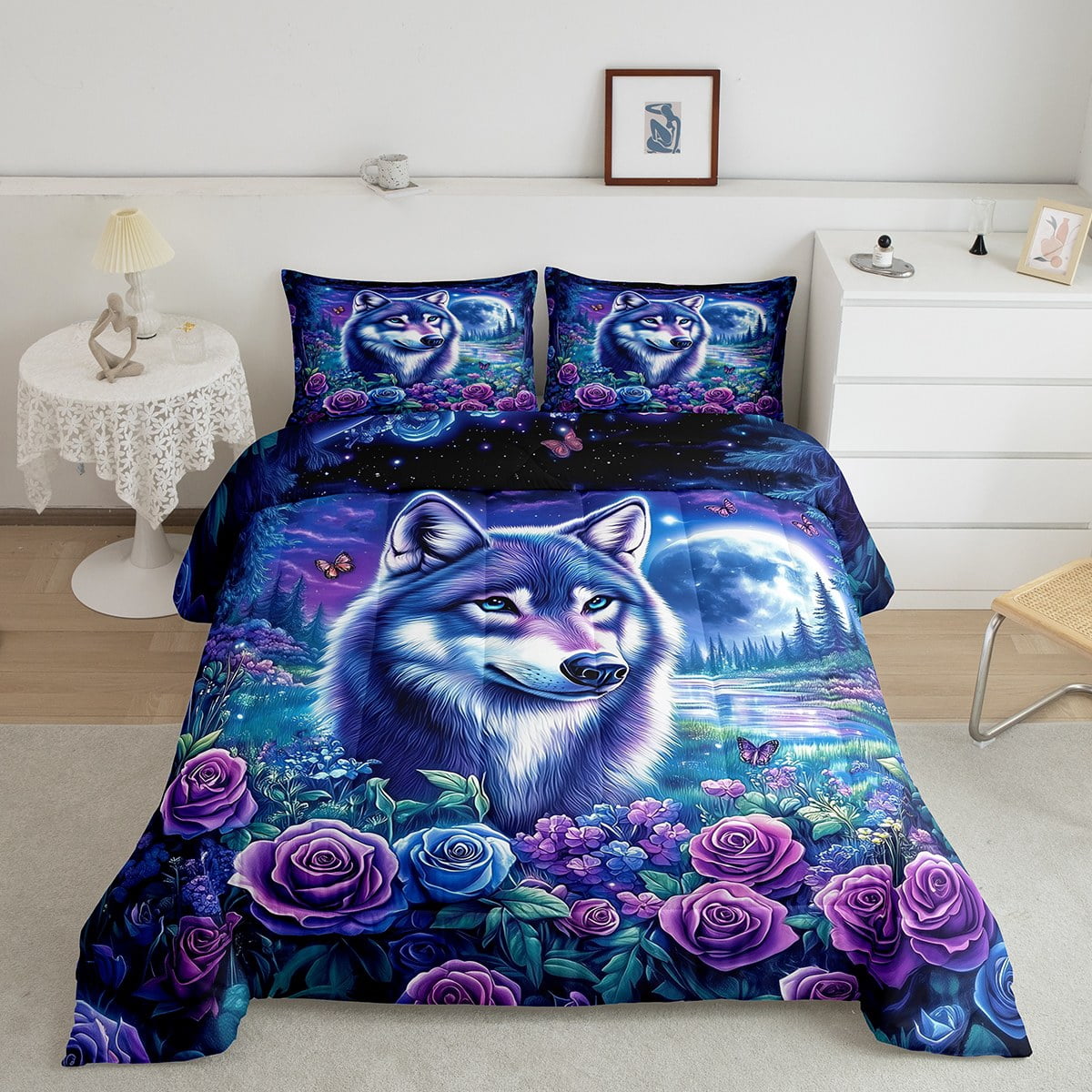 Erosebridal Galaxy Wolf Bedding Sets Queen with Comforter, Purple Rose ...
