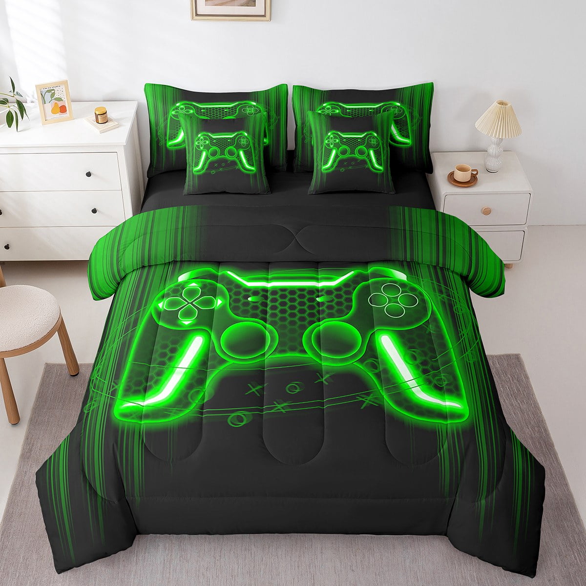 Erosebridal Gamer Bedding Twin Size,Video Game Bed Set,Green Geometric ...