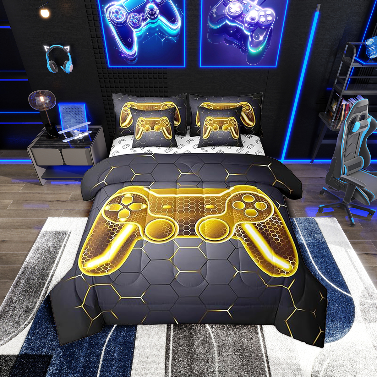 Erosebridal Gamer Comforter Set with Sheets Teens Game Controller Bed ...