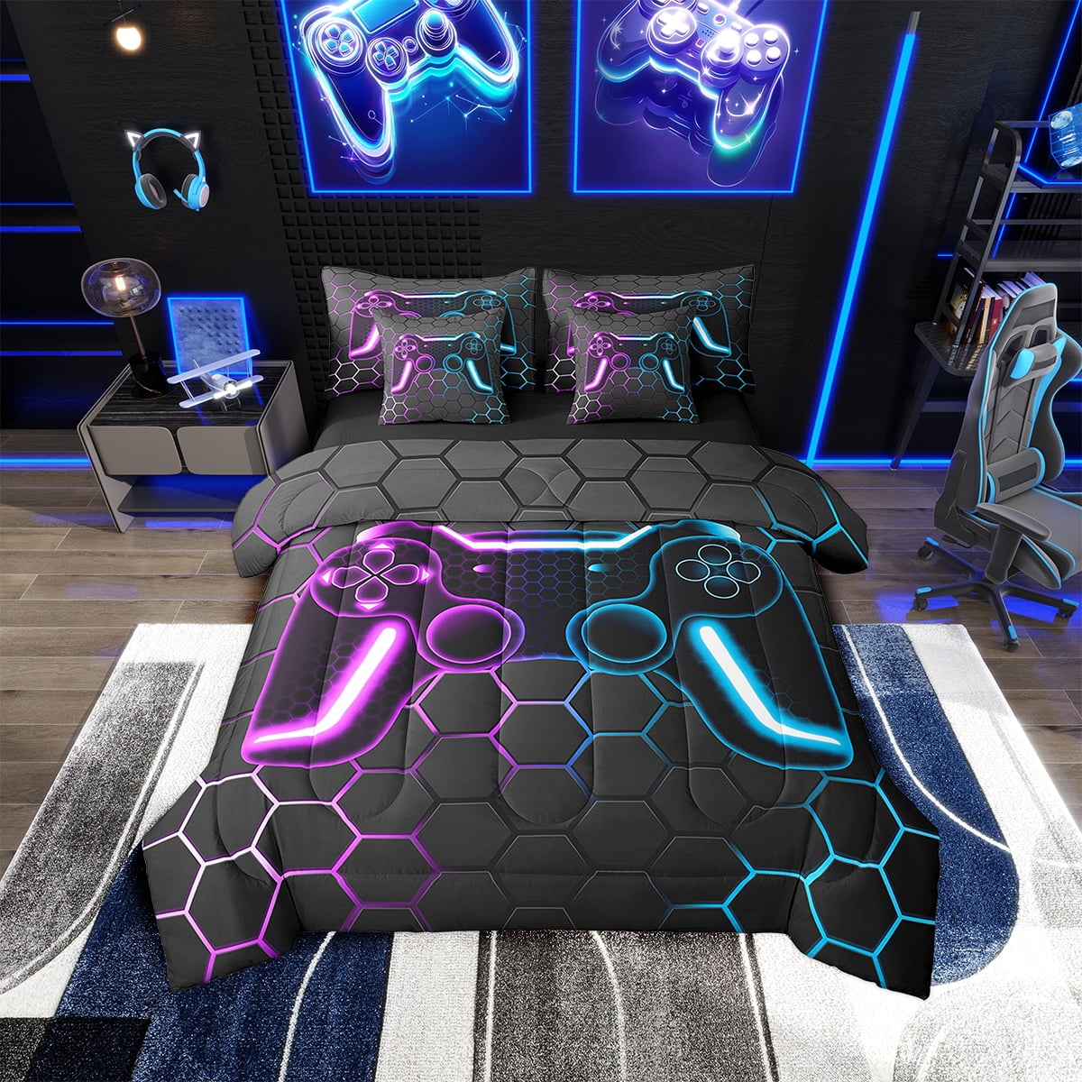 Erosebridal Gamer Full Comforter Set With Sheets,Gaming Honeycomb ...