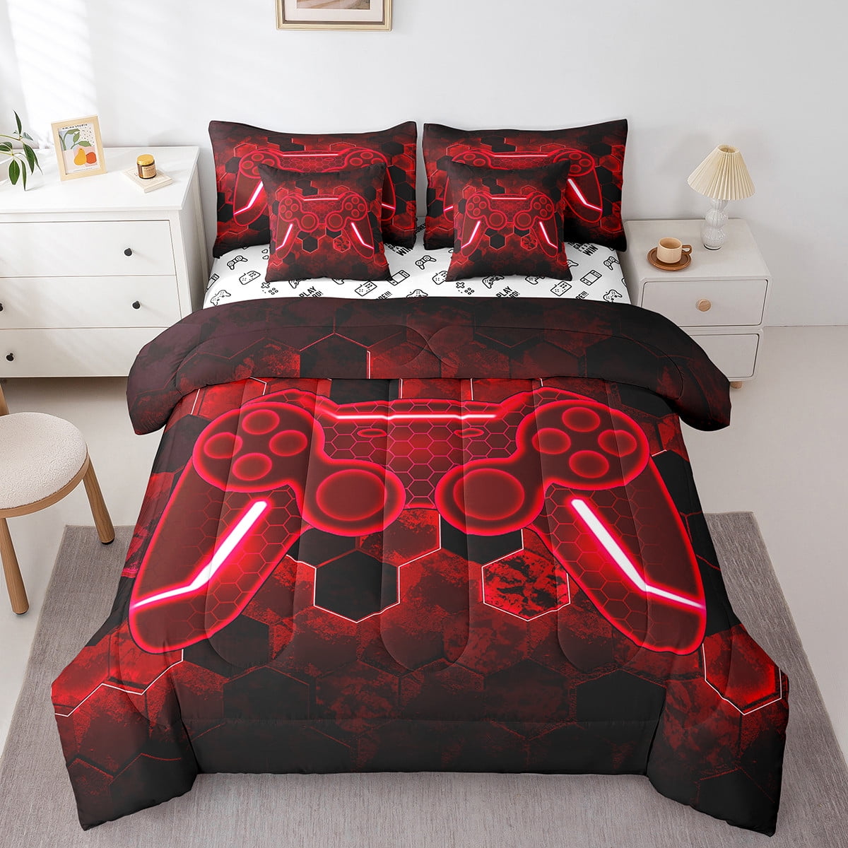 Erosebridal Gaming Bedding Sets King Size, Red Honeycomb Comforter Sets ...