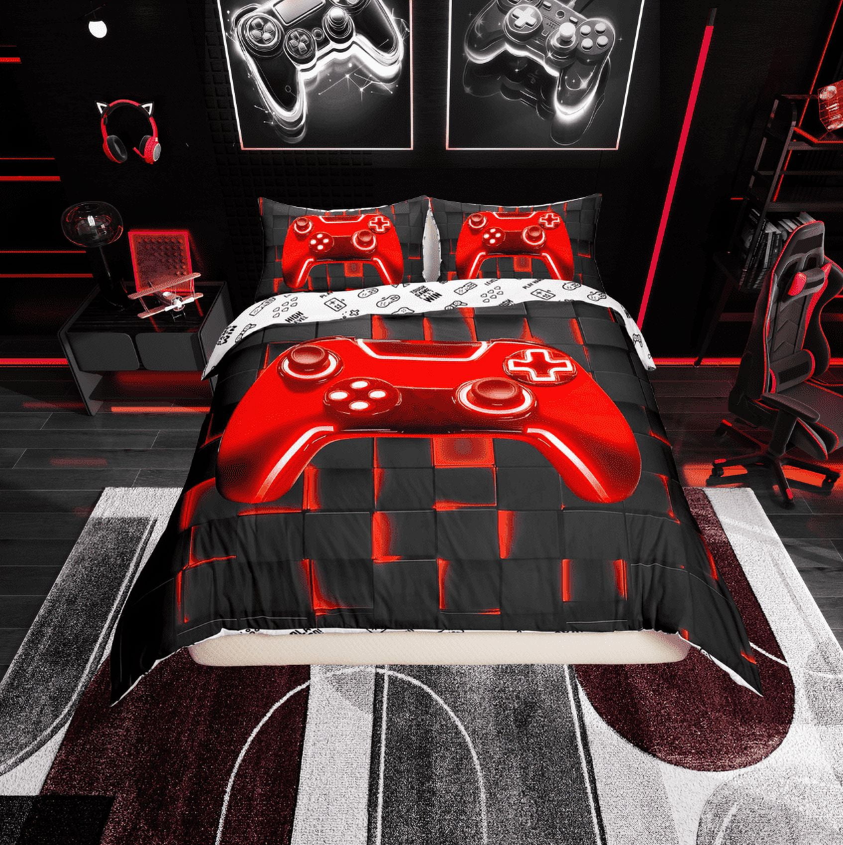 Erosebridal Gaming Comforter Cover Full, Red Neon Light Grid Bedding ...