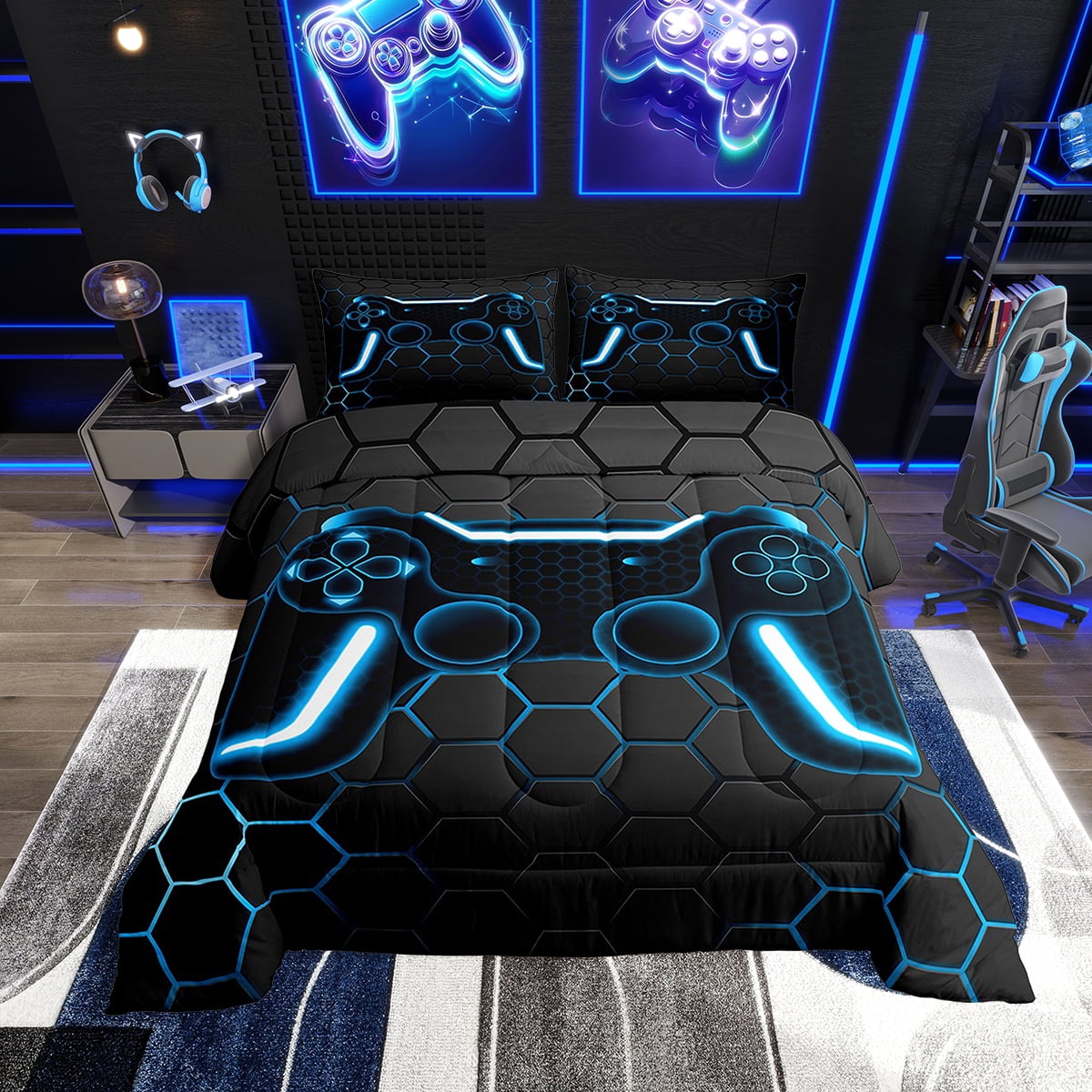 Erosebridal Gaming Comforter Sets King Blue Gamer Bedding Sets Video ...