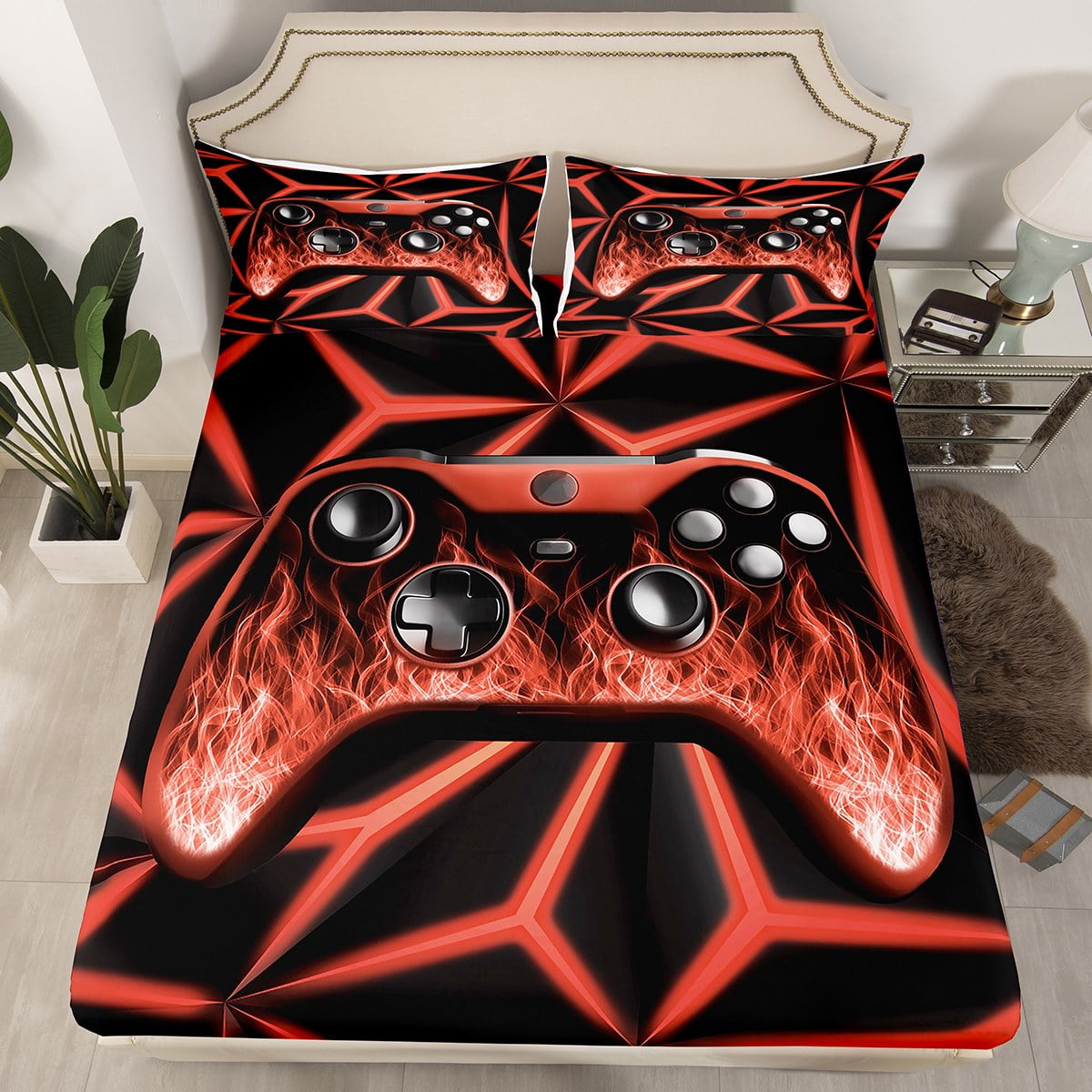 Erosebridal Gaming Fitted Sheet Set Full for Boys, Abstract Lines ...