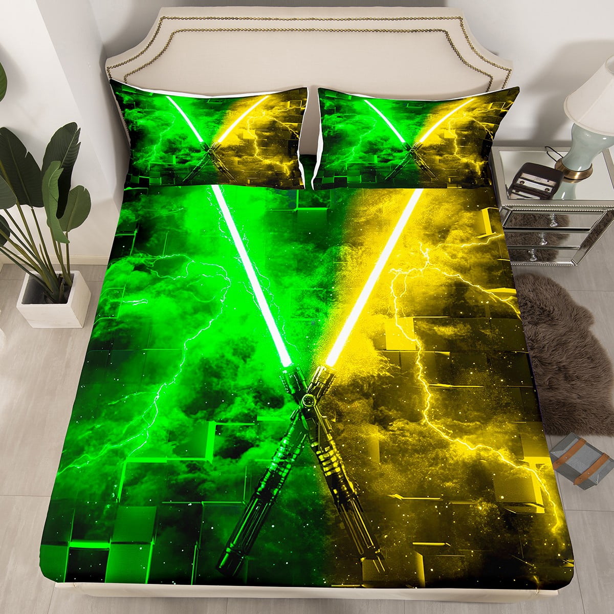 Erosebridal Gaming Lightsaber Fitted Sheet Full, Neon Lightning Bedding ...