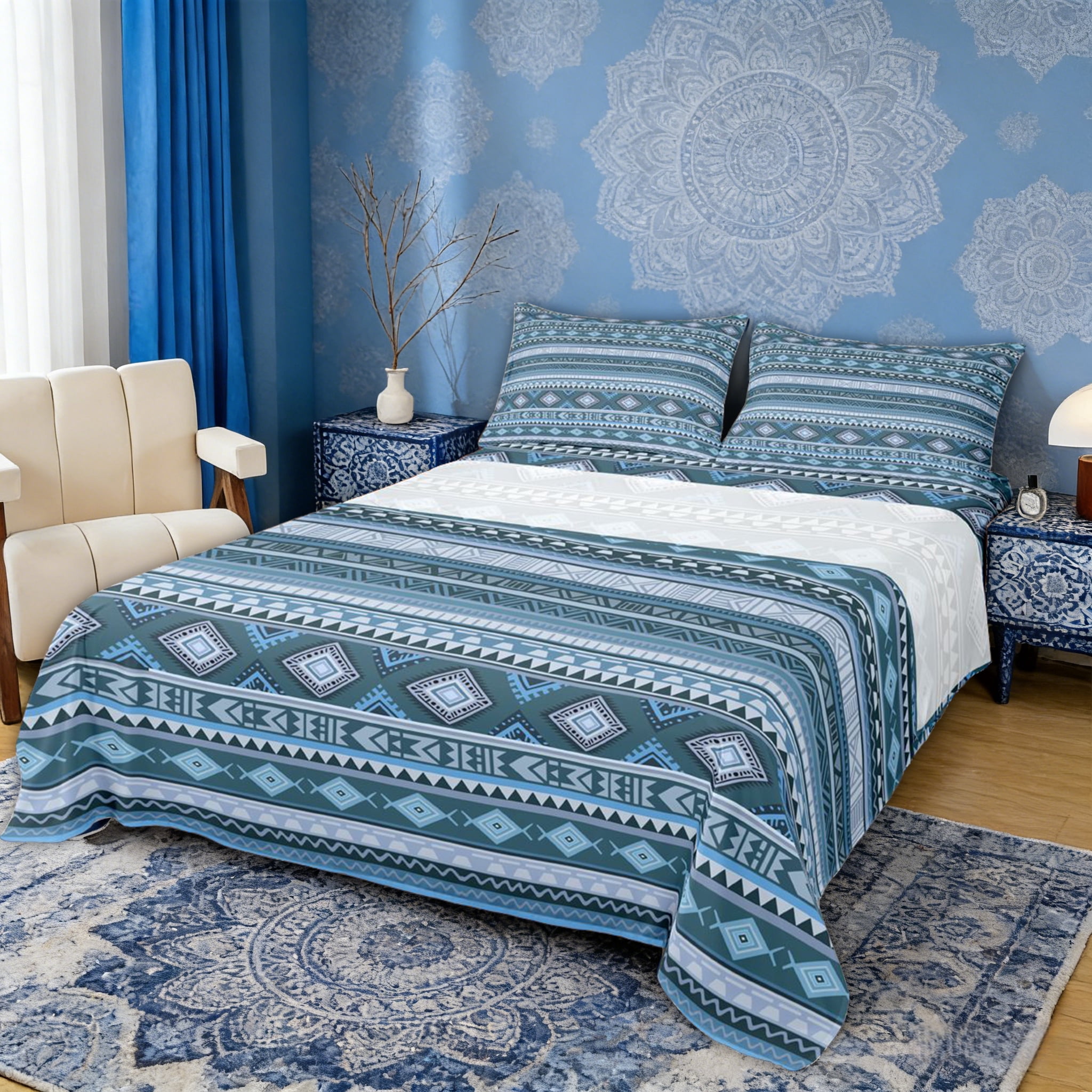 Erosebridal Geometric Aztec Full Size Sheets, Blue Bed Sheets, 4 Pieces ...