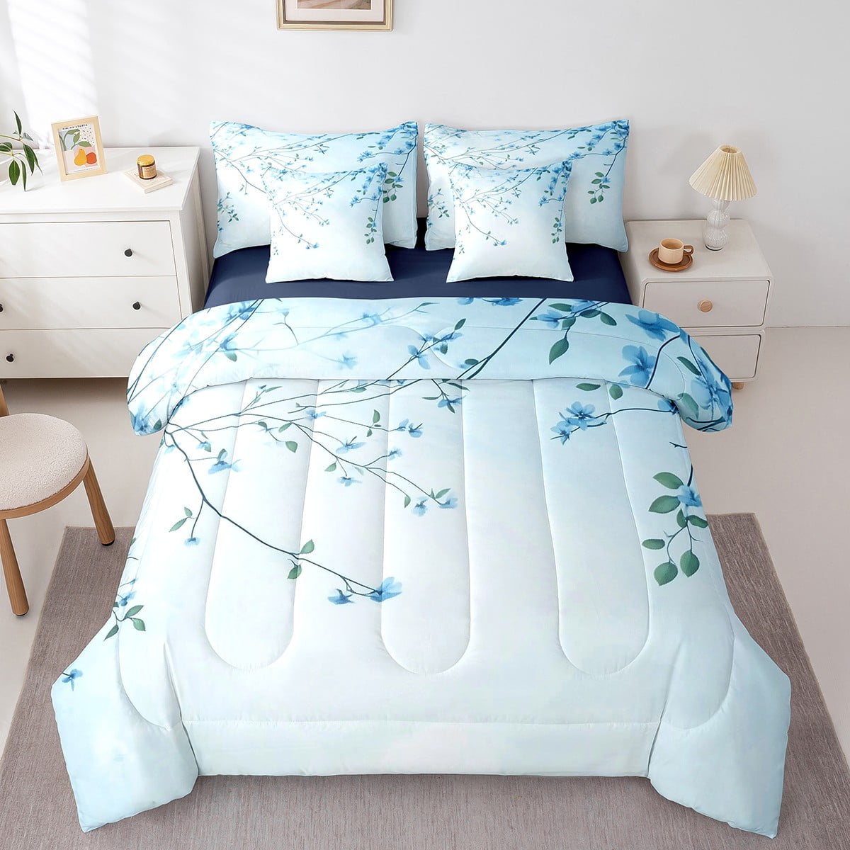 Erosebridal Blue Flower Bedding Sets Twin Size,Spring Garden Comforter ...