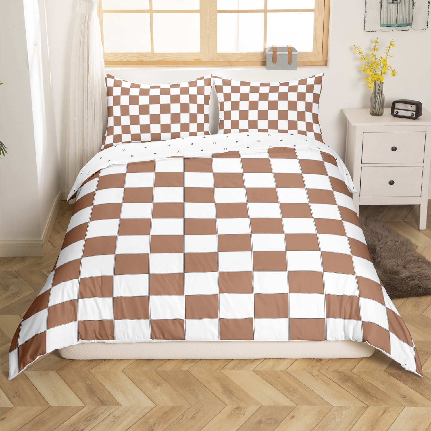 Erosebridal Geometric Checkered Duvet Cover White Khaki Checkerboard ...