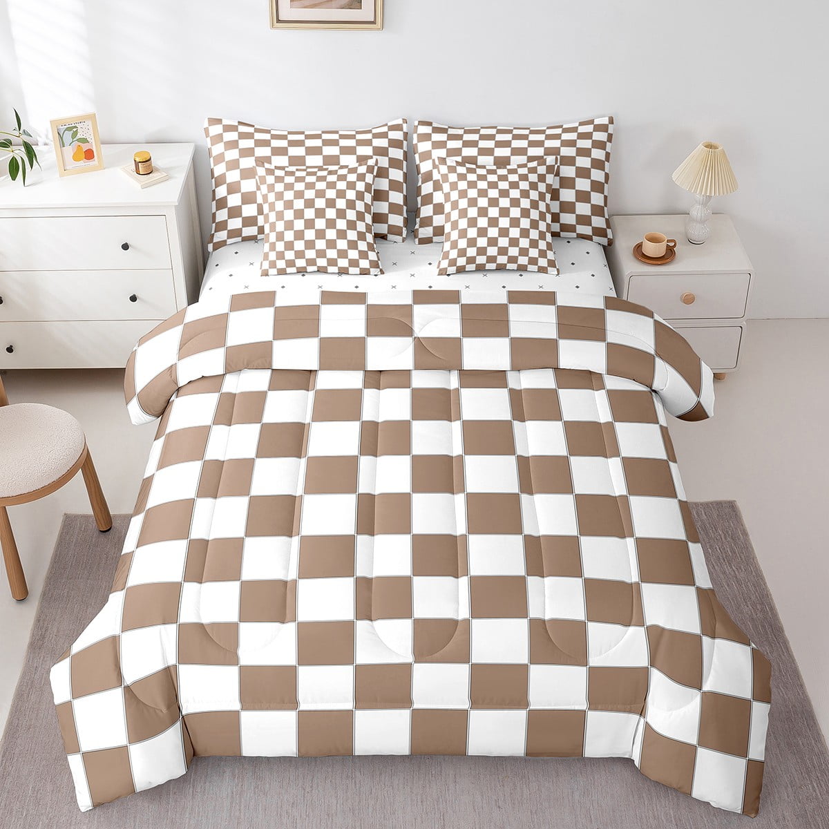 Erosebridal Geometric Checkered Queen Bed In A Bag 7 Piece White Khaki ...