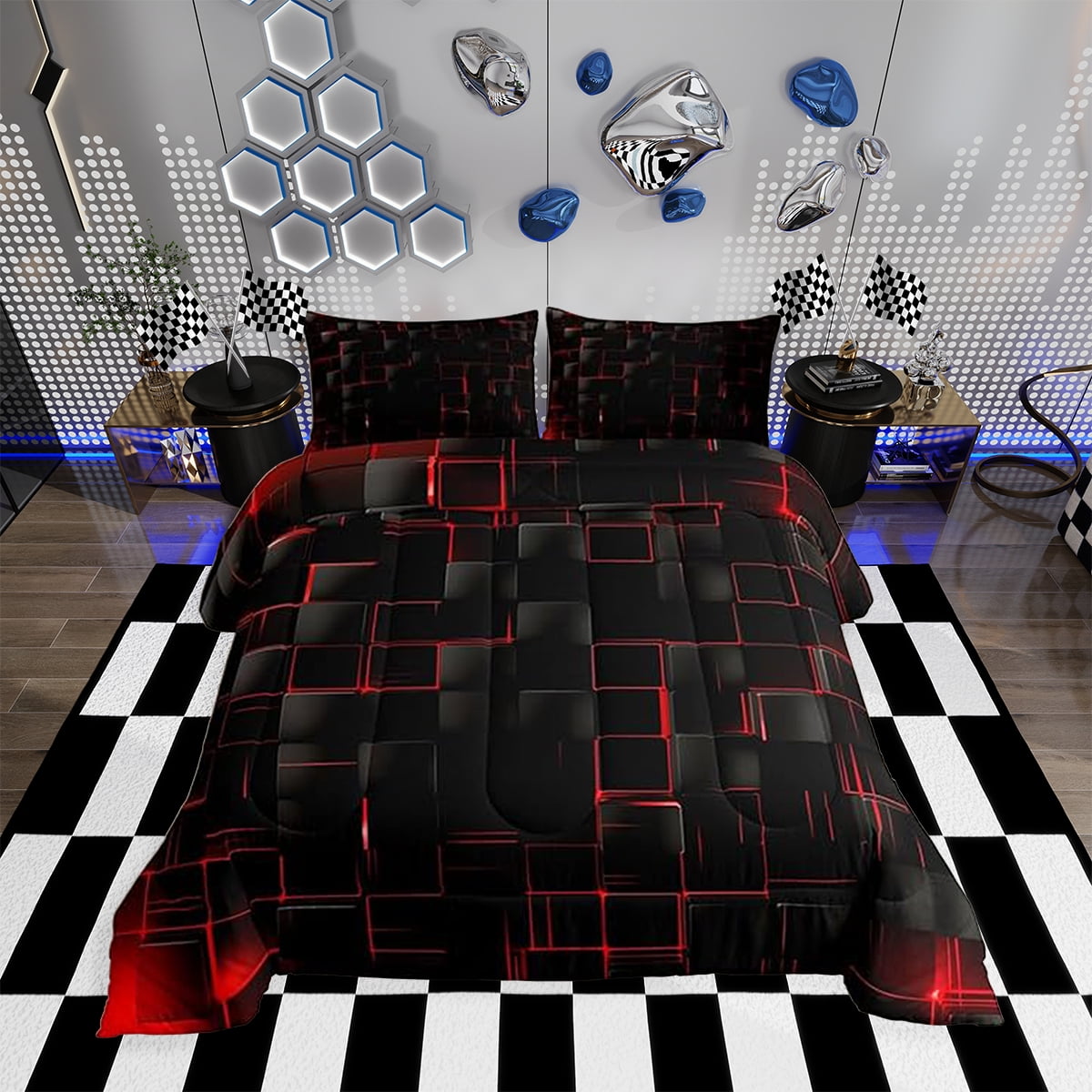 Erosebridal Geometric Grid Comforter Set Full Size, Red and Black ...