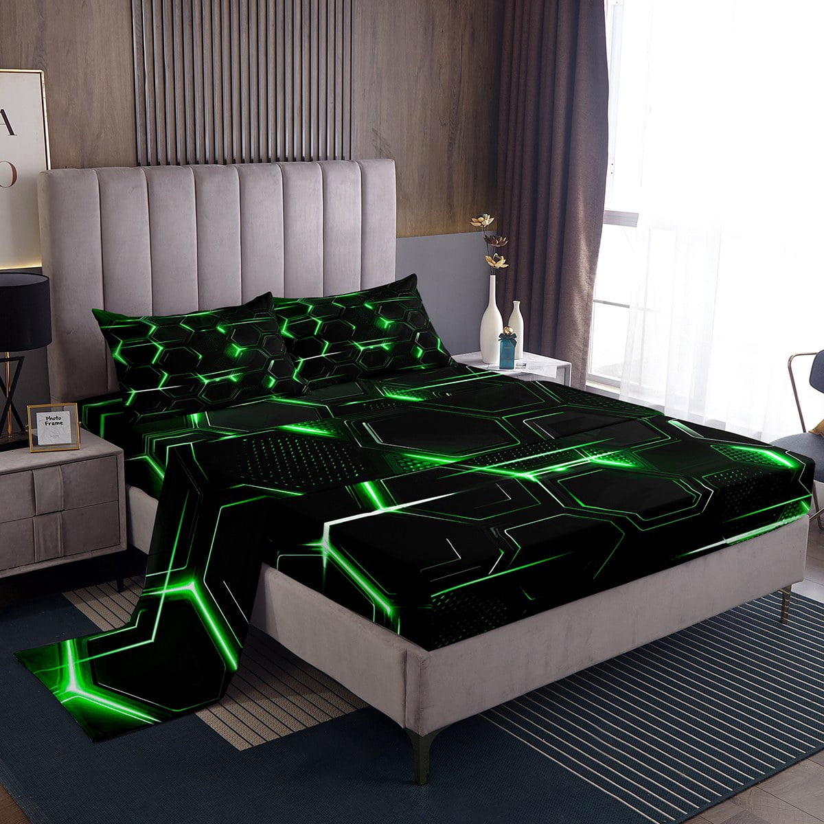 Erosebridal Geometric Honeycomb Bed Sheets Set Queen Size,Black Green ...