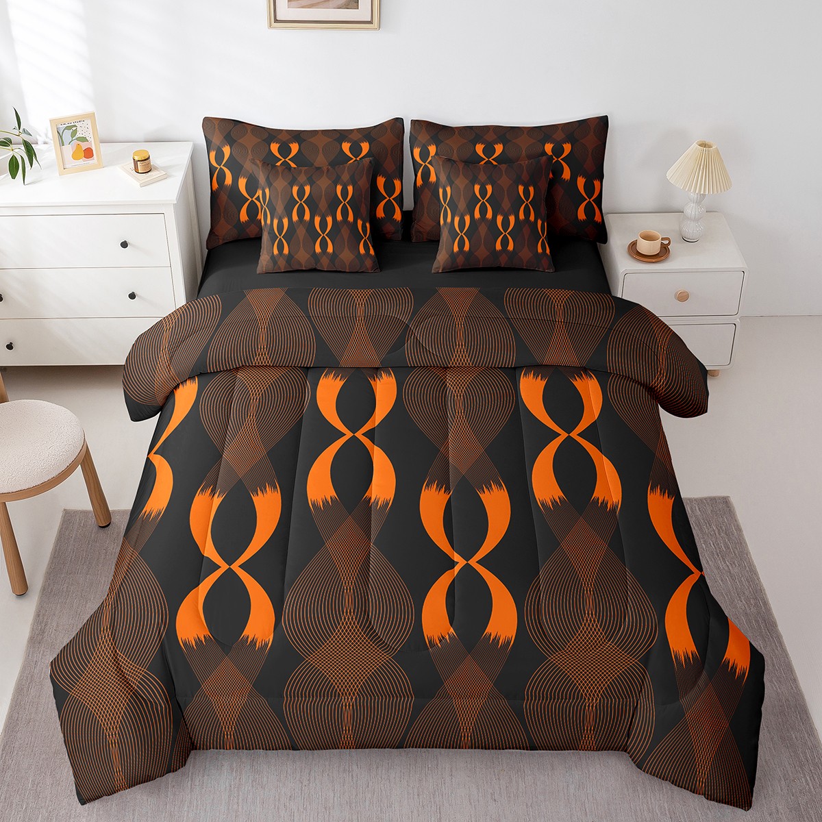 Erosebridal Geometric Pattern Bedding Sets Full Size,Orange Wave Lines ...