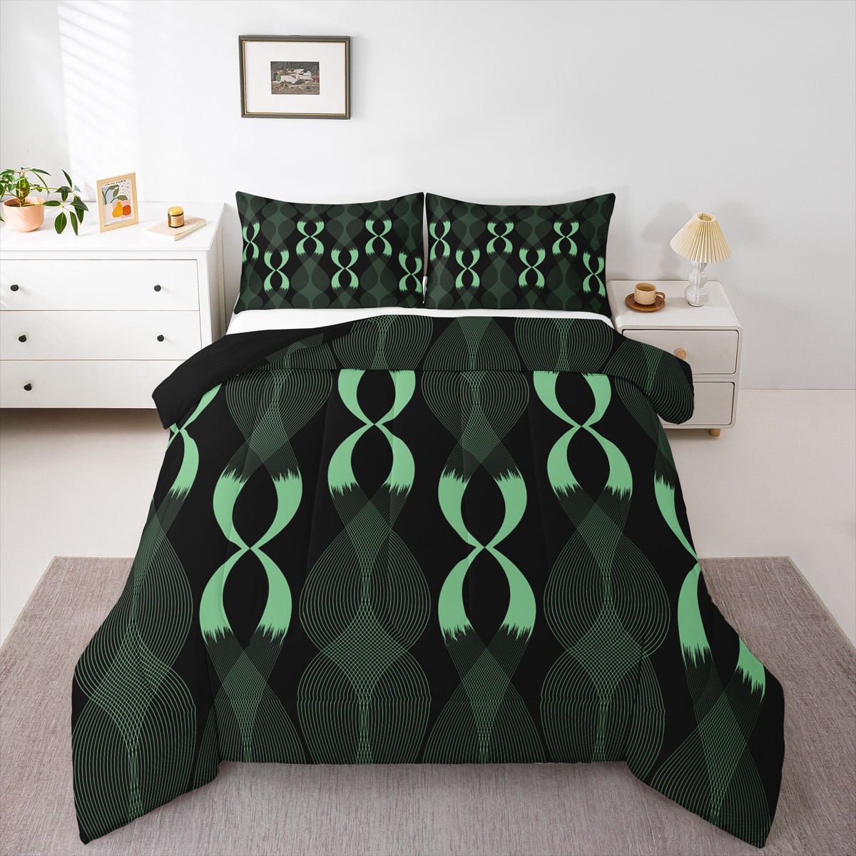 Erosebridal Geometric Pattern Bedding Twin Comforter Set,Green Wave ...