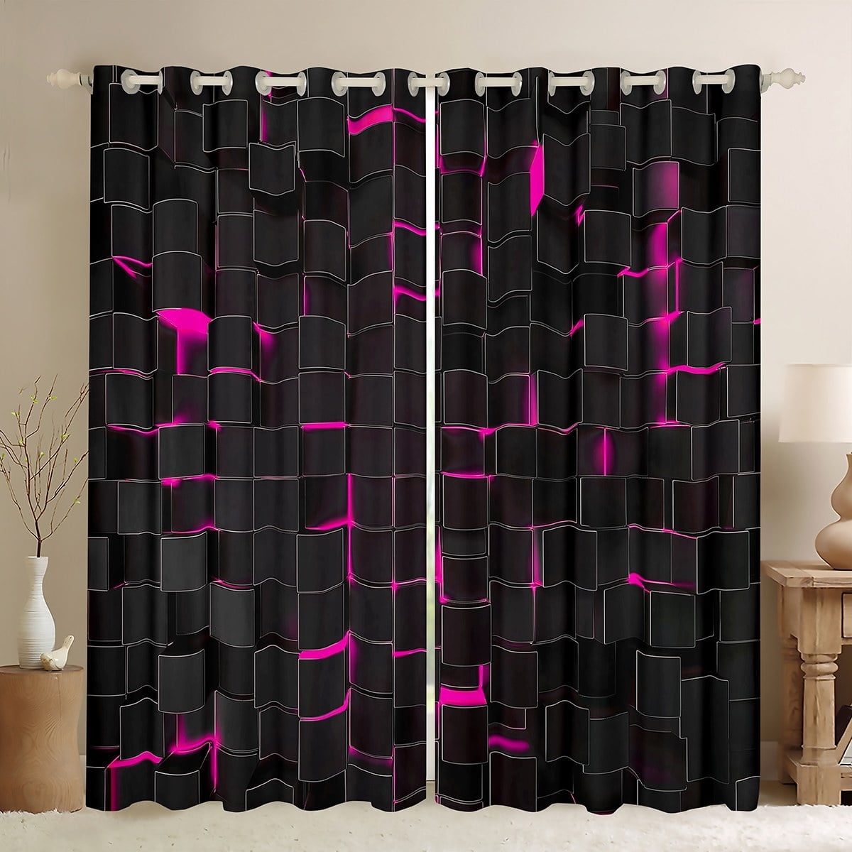 Erosebridal Geometric Plaid Curtains for Living Room,Grid Check ...