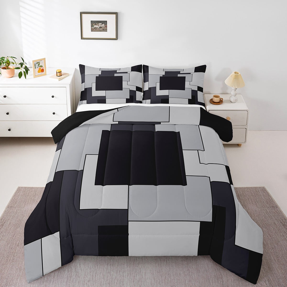 Erosebridal Geometric Rectangle Bedding King Comforter Set,Black Grey ...