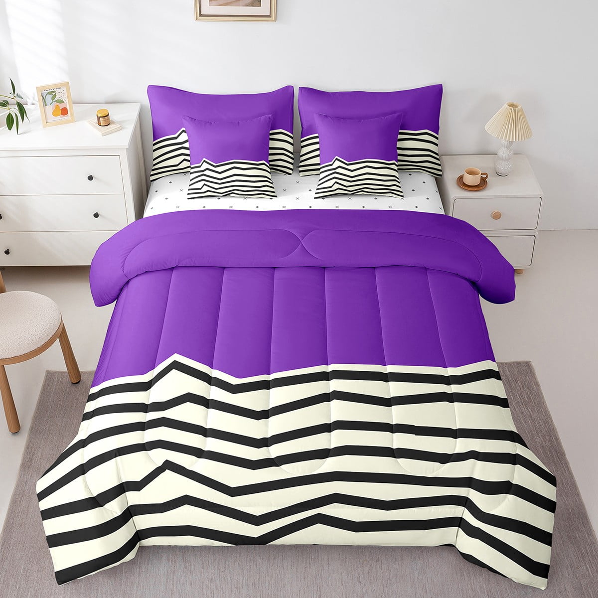 Erosebridal Geometric Wave Stripes Bed in a Bag King Size,Abstract Geometry Bed Set,Purple ...