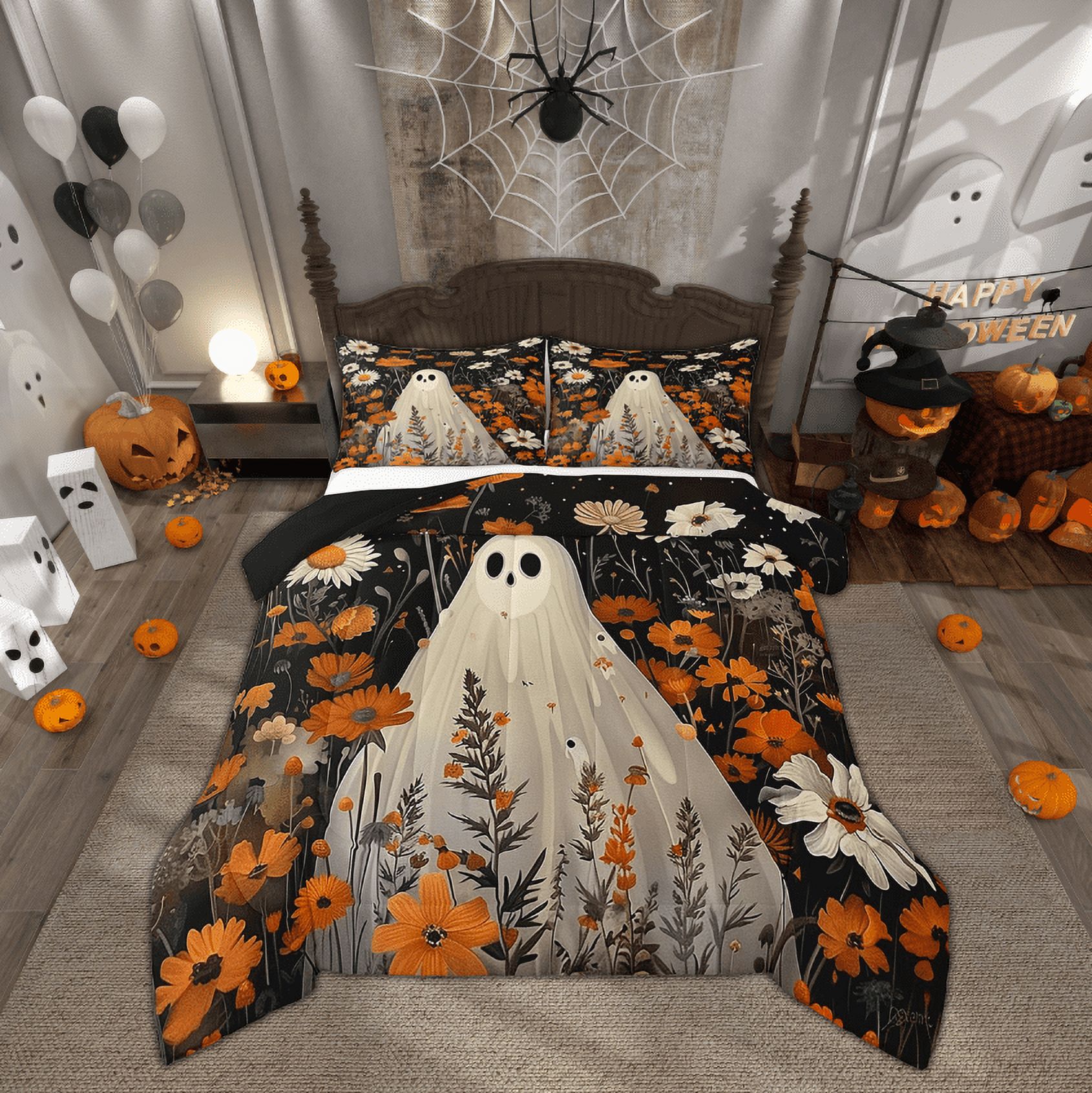 Erosebridal Ghost Spooky Bedding Queen Comforter Set, Groovy Flower ...