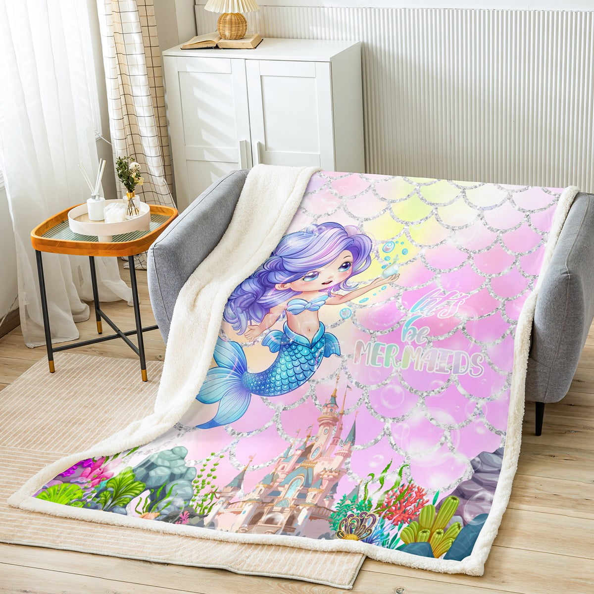Erosebridal Cute Mermaid Blanket Throw,Pink Blue Purple Mermaid Scale ...