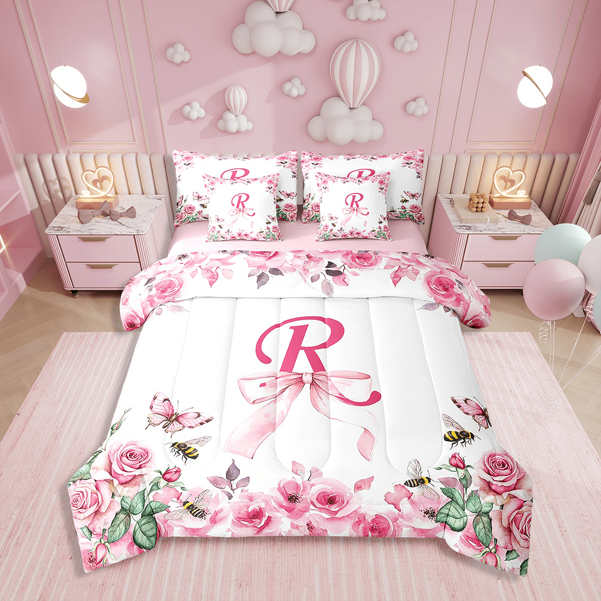 Erosebridal Initial Letter Bedding Set Twin Size 7 Piece Bed in A Bag Bowknot Alphabet Comforter ...