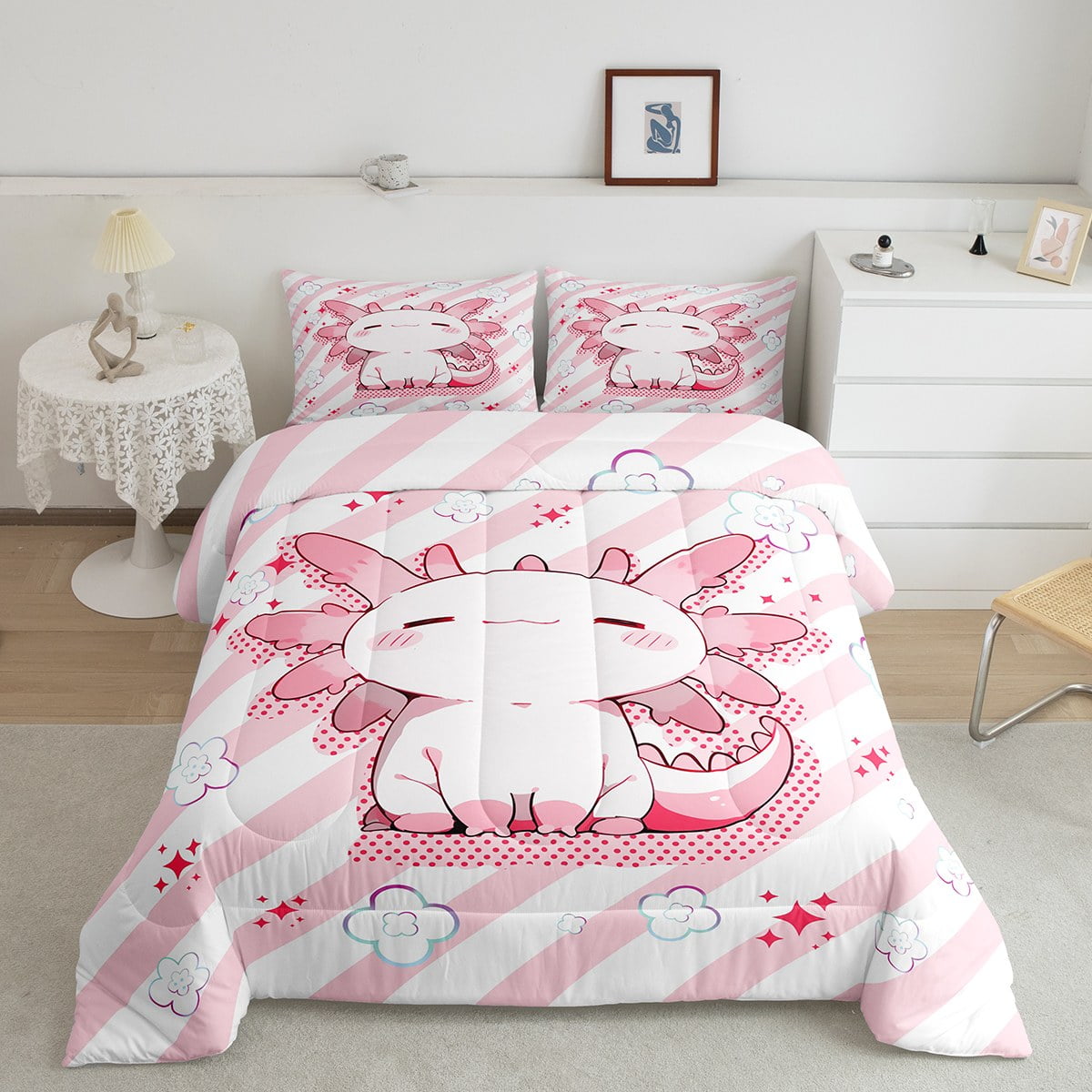Erosebridal Girls Pink Axolotl Comforter Sets Queen Size, Cute Animal Comforters & Duvets ...