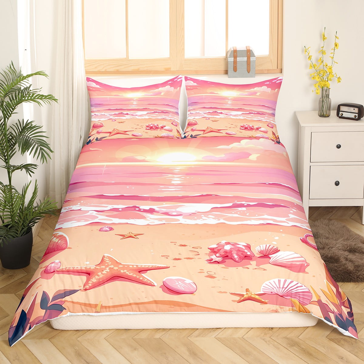 Erosebridal Pink Bedding Queen Size Coastal Beach Sunset Comforter ...
