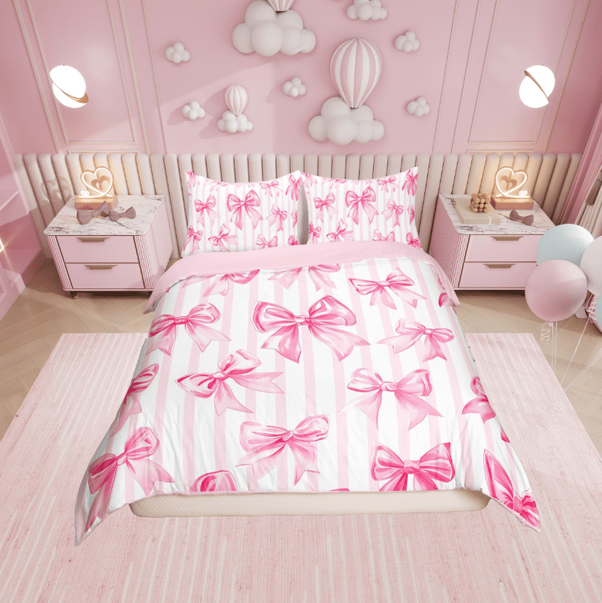 Erosebridal Pink Bowknot Duvet Cover Full, Geometric Stripe Bedroom Set ...