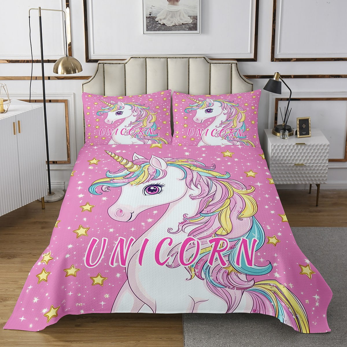 Erosebridal Pink Unicorn Bedspread Sets King Size, Glitter Stars Bed ...