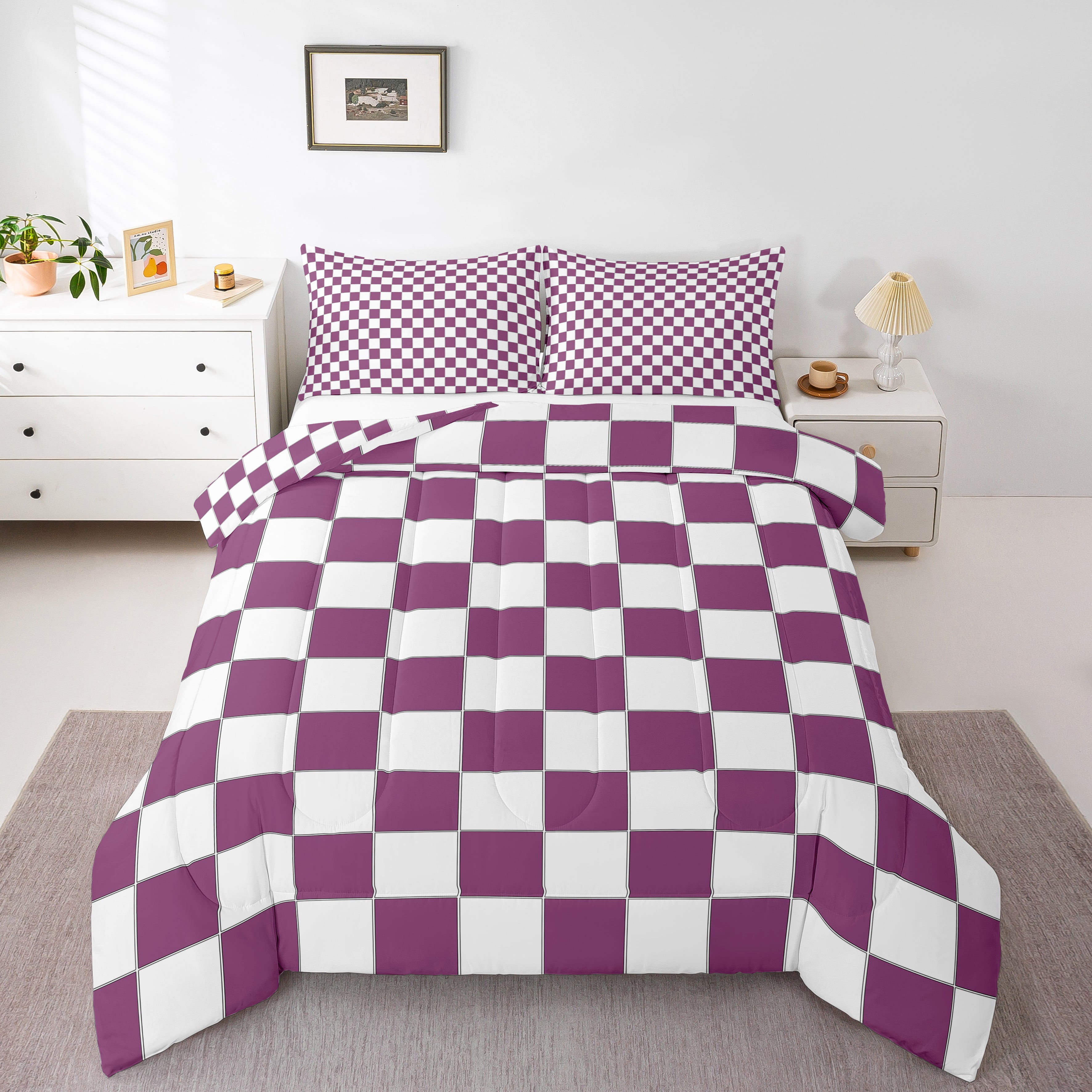 Erosebridal Purple Checkered Bedding Set White Lavender Buffalo Plaid ...