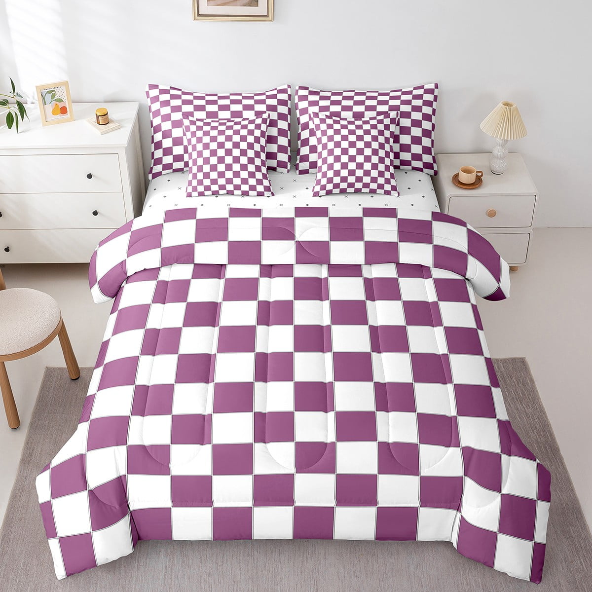 Erosebridal Purple Checkered Queen Bedding Set 7 Piece White Lavender ...