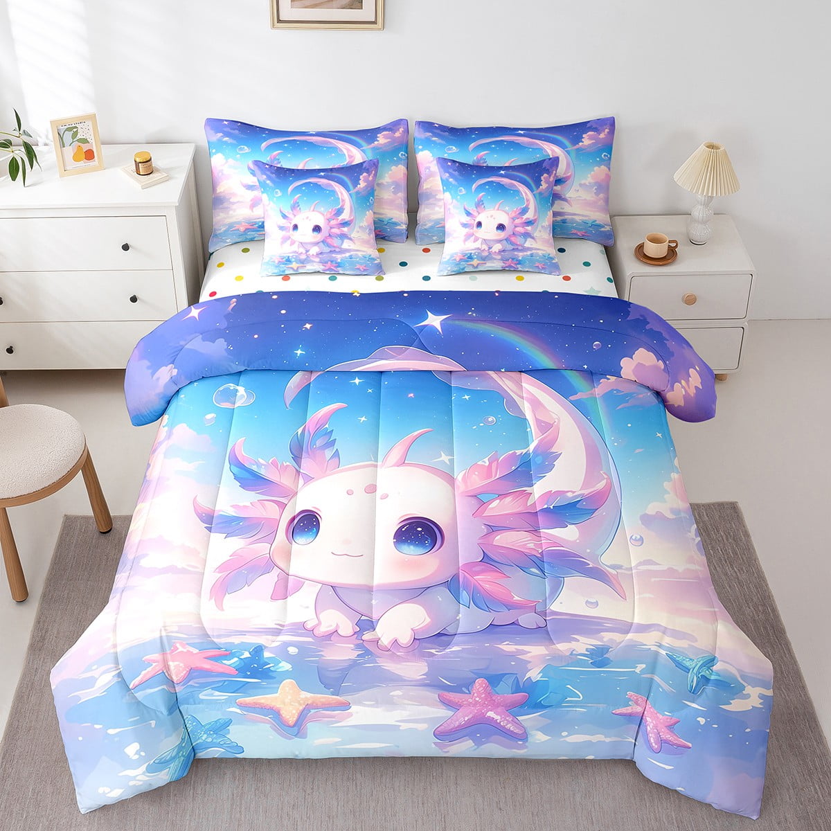 Erosebridal Girly Anime Axolotl Bed in a Bag Full Size, Colorful Star ...