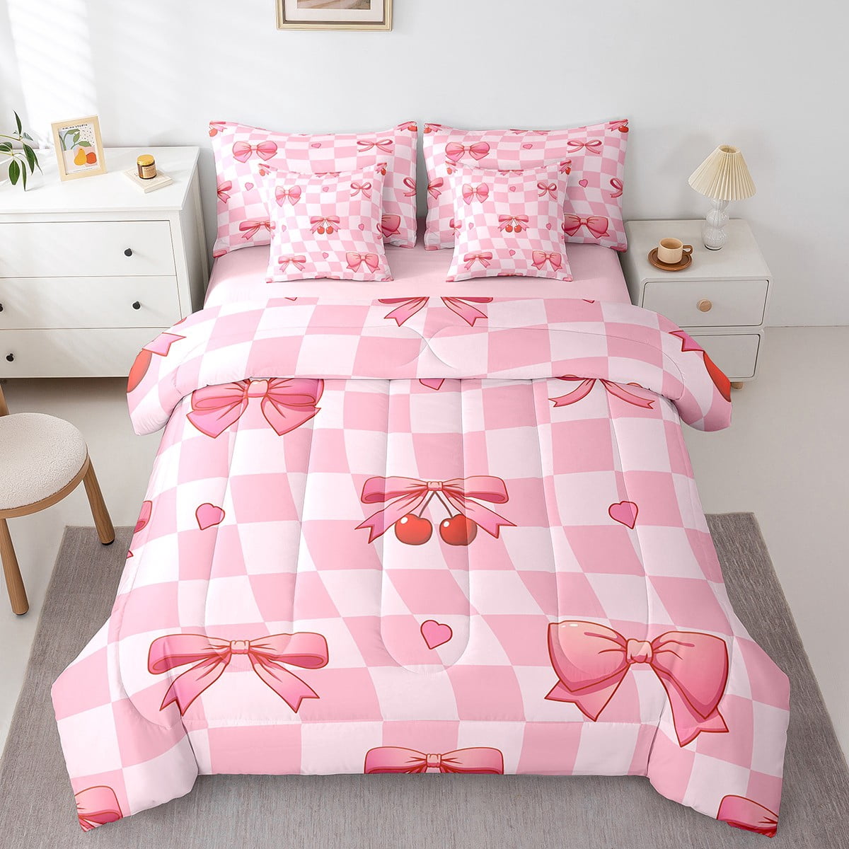 Erosebridal Girly Bow Bed in a Bag King Size, Pink Buffalo Plaid Bed ...