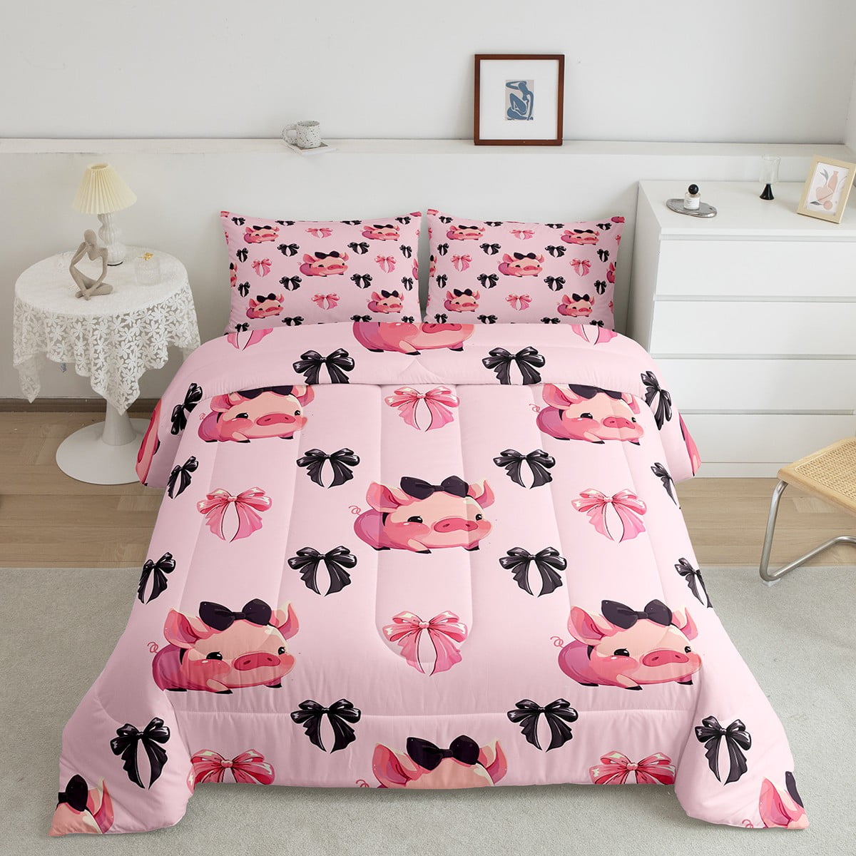 Erosebridal Girly Bowknot Bedding Full Comforter Set, Kawaii Pet Pig ...