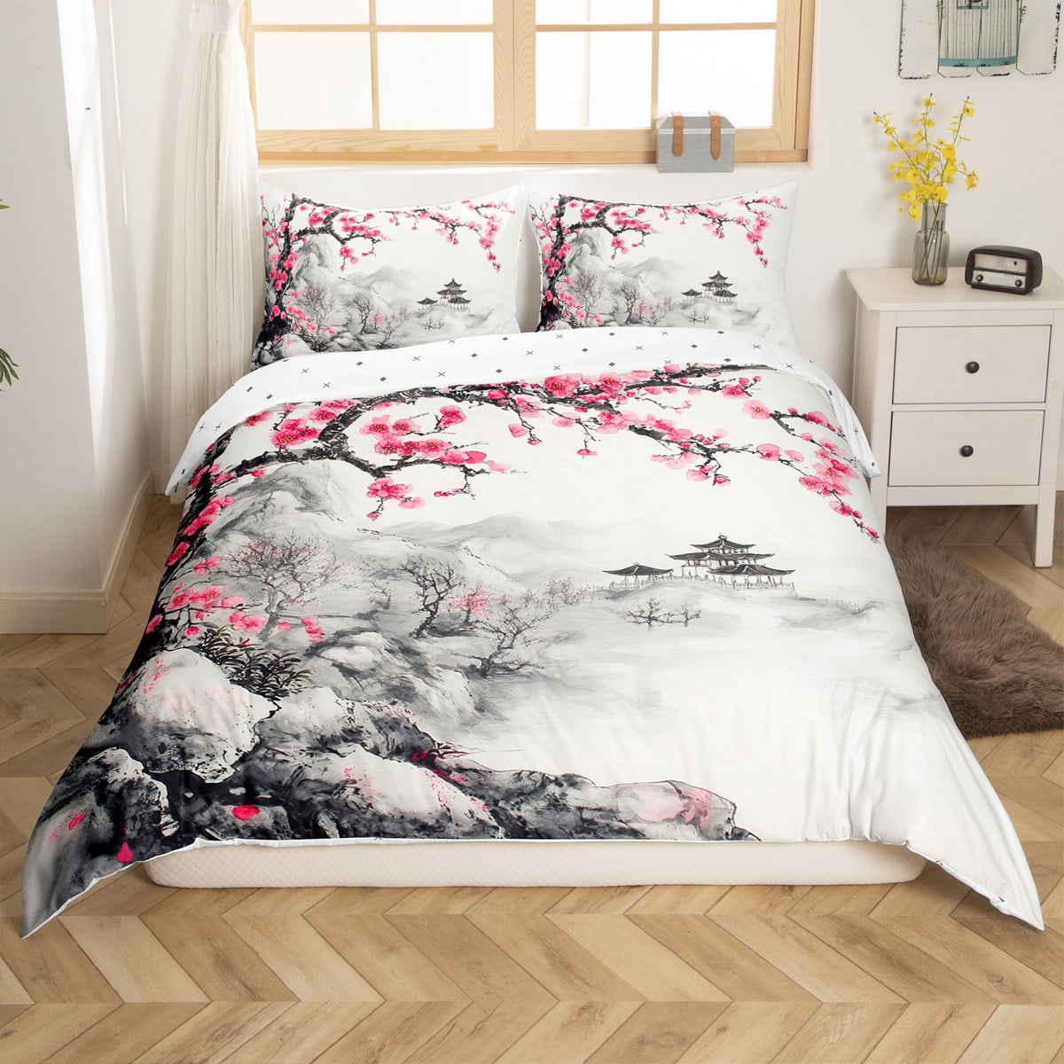 Erosebridal Girly Cherry Blossoms Duvet Cover Queen for Women, Japanese ...