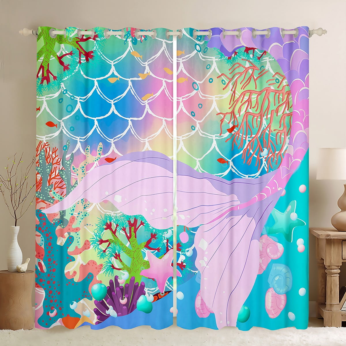 Erosebridal Girly Mermaid Tail Curtains for Living Room,Dreamy Princess ...