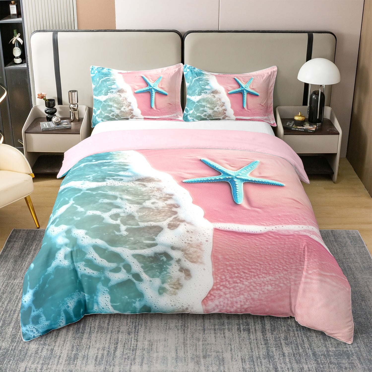 Erosebridal Girly Pink Beach 100% Cotton Duvet Cover Queen, Starfish ...