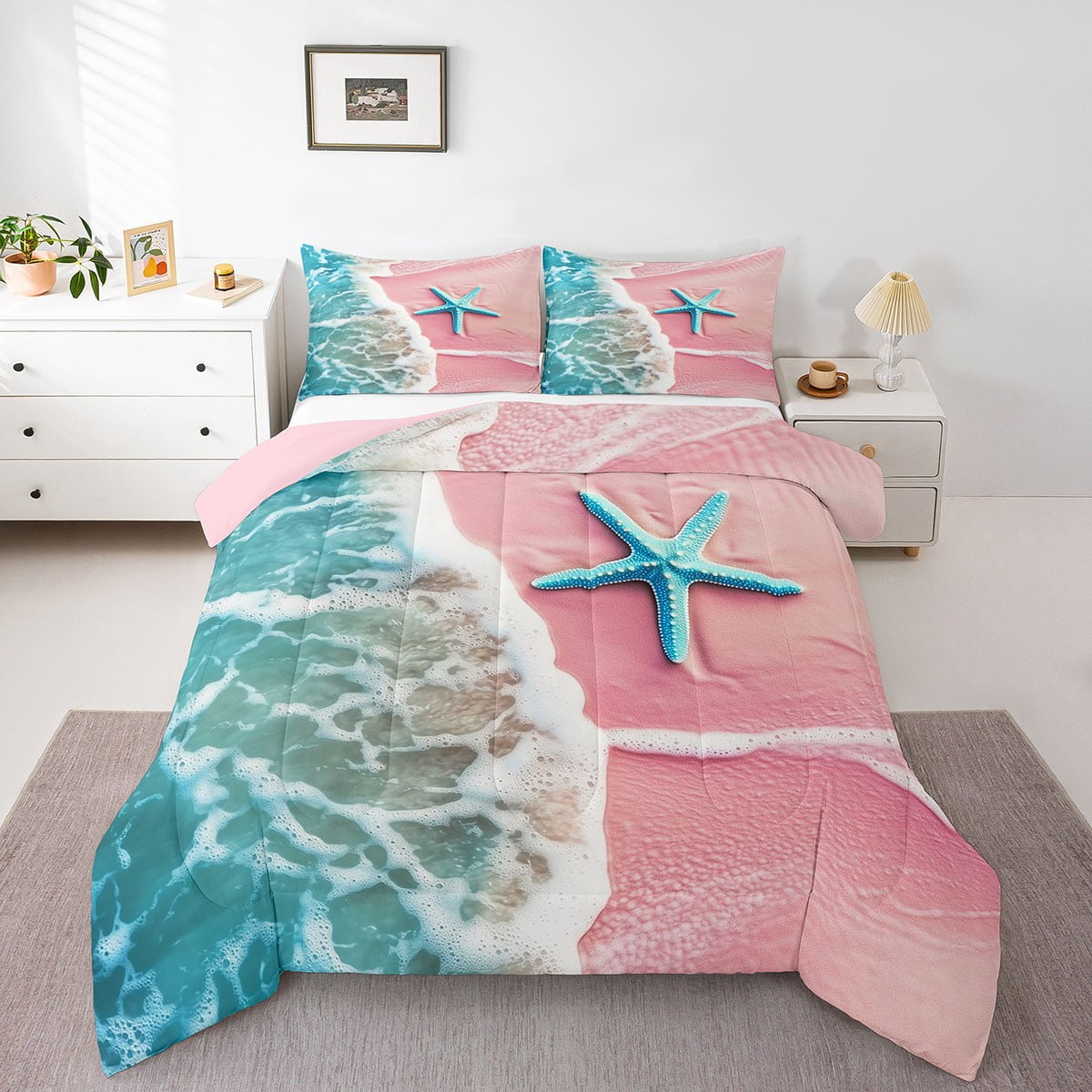 Erosebridal Girly Pink Beach Comforter Sets Twin Size, Starfish Ocean ...