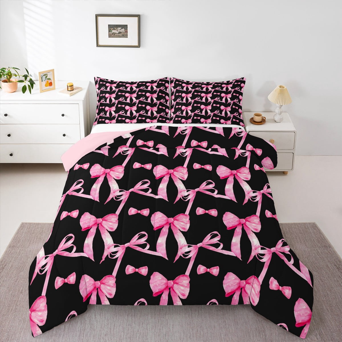 Erosebridal Girly Pink Bow Bedding Queen Comforter Set, Love Heart ...