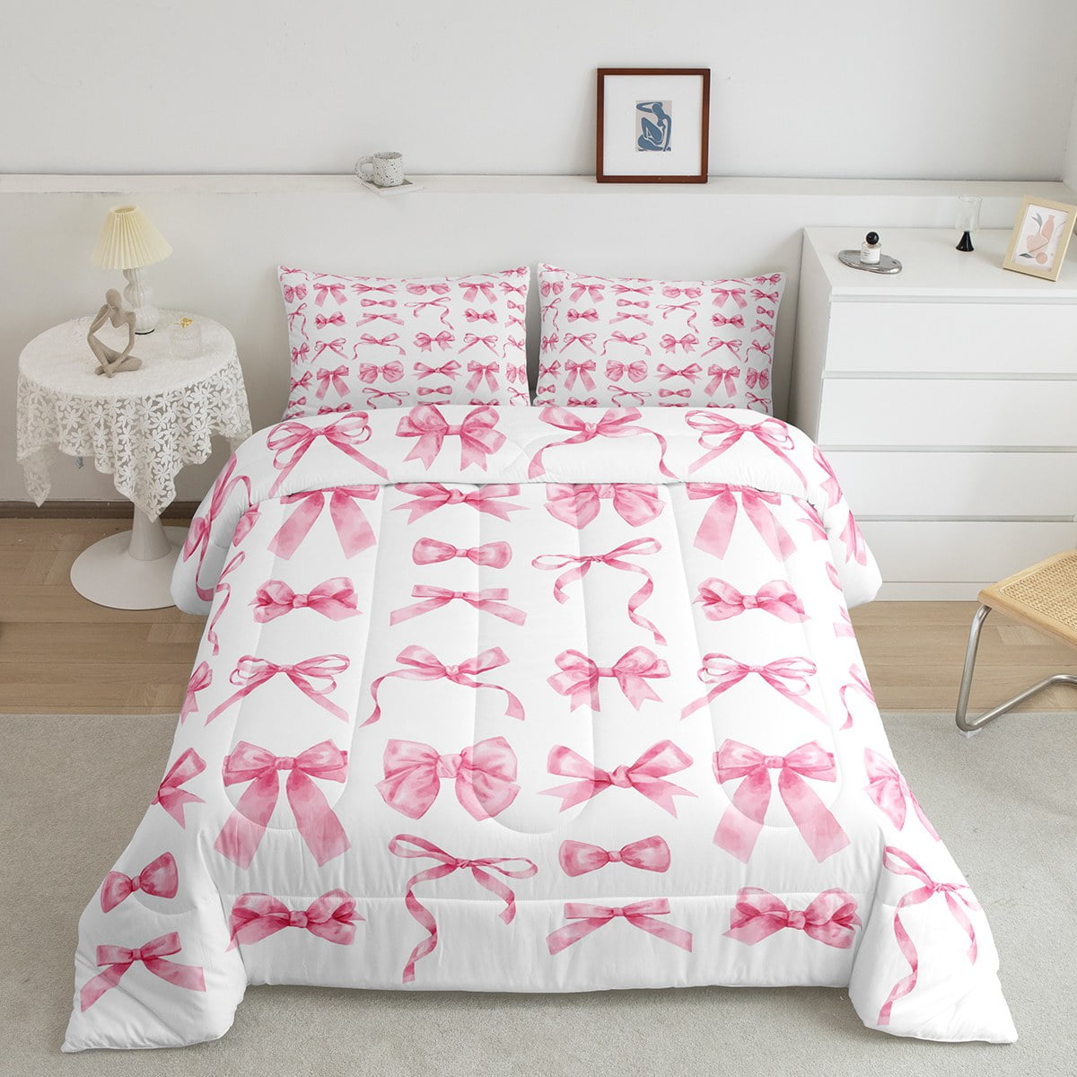 Erosebridal Girly Pink Bow Comforter Sets Full Size, Princess Ribbon ...