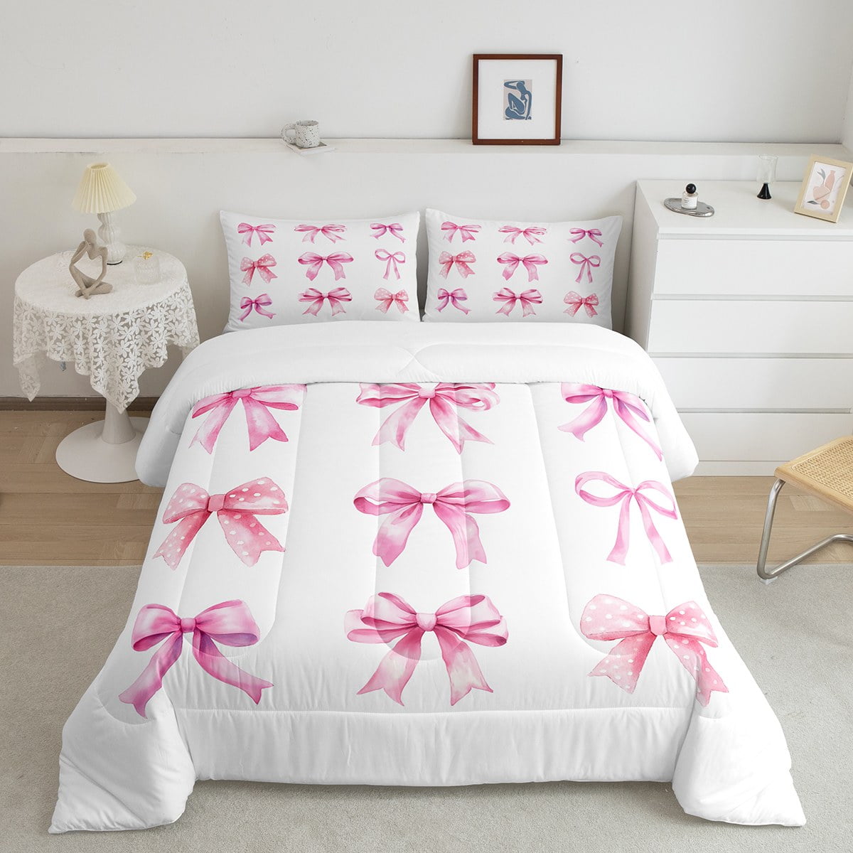 Erosebridal Girly Pink Bow Comforter Sets King Size, Princess Ribbon ...