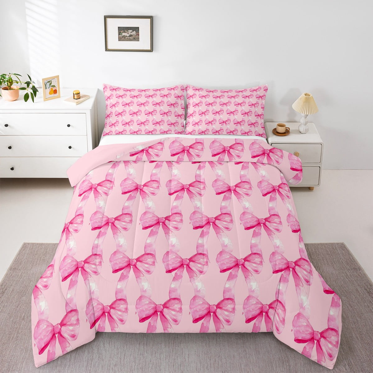 Erosebridal Girly Pink Bow Comforter Sets Twin Size, Watercolor ...