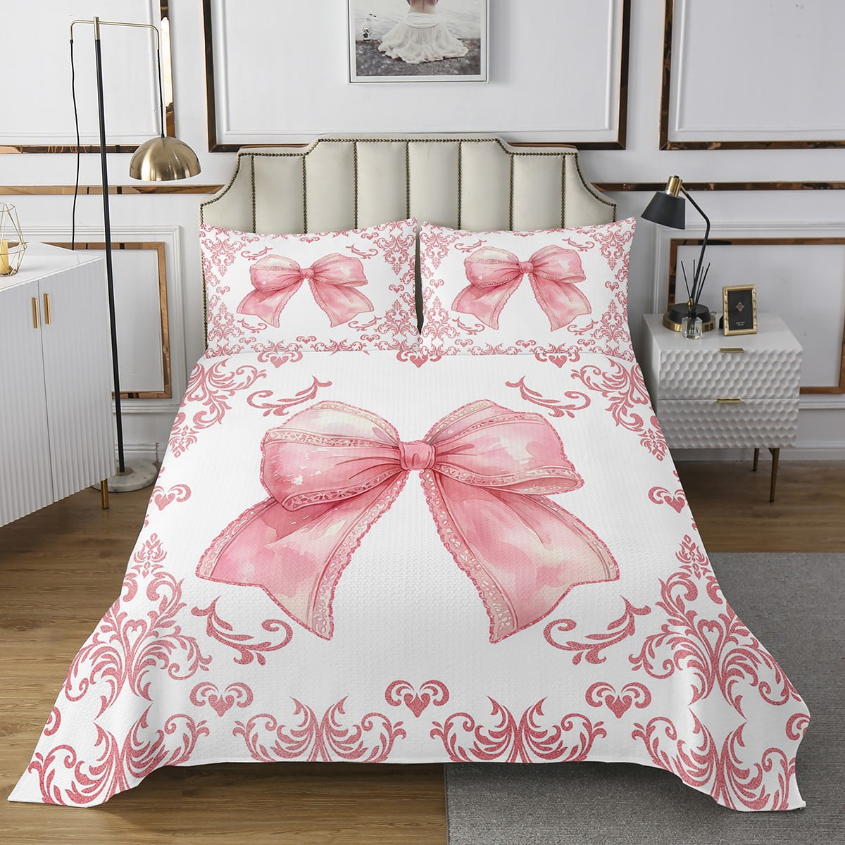 Erosebridal Girly Pink Bow Quilt Sets for Queen Size Bed, Damask Floral ...