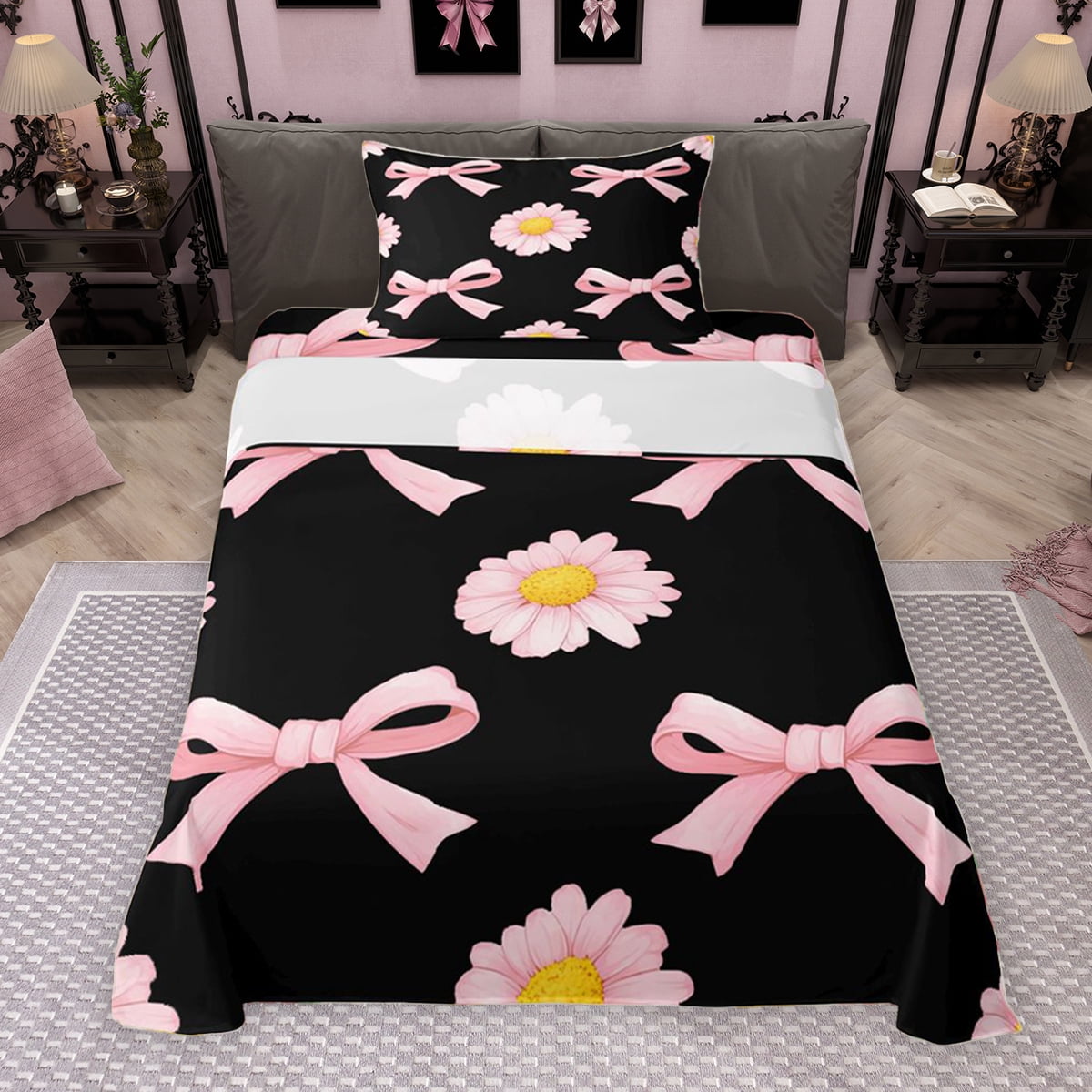 Erosebridal Girly Pink Bow Twin Sheet Sets, Chic Daisy Blossoms Bedding ...