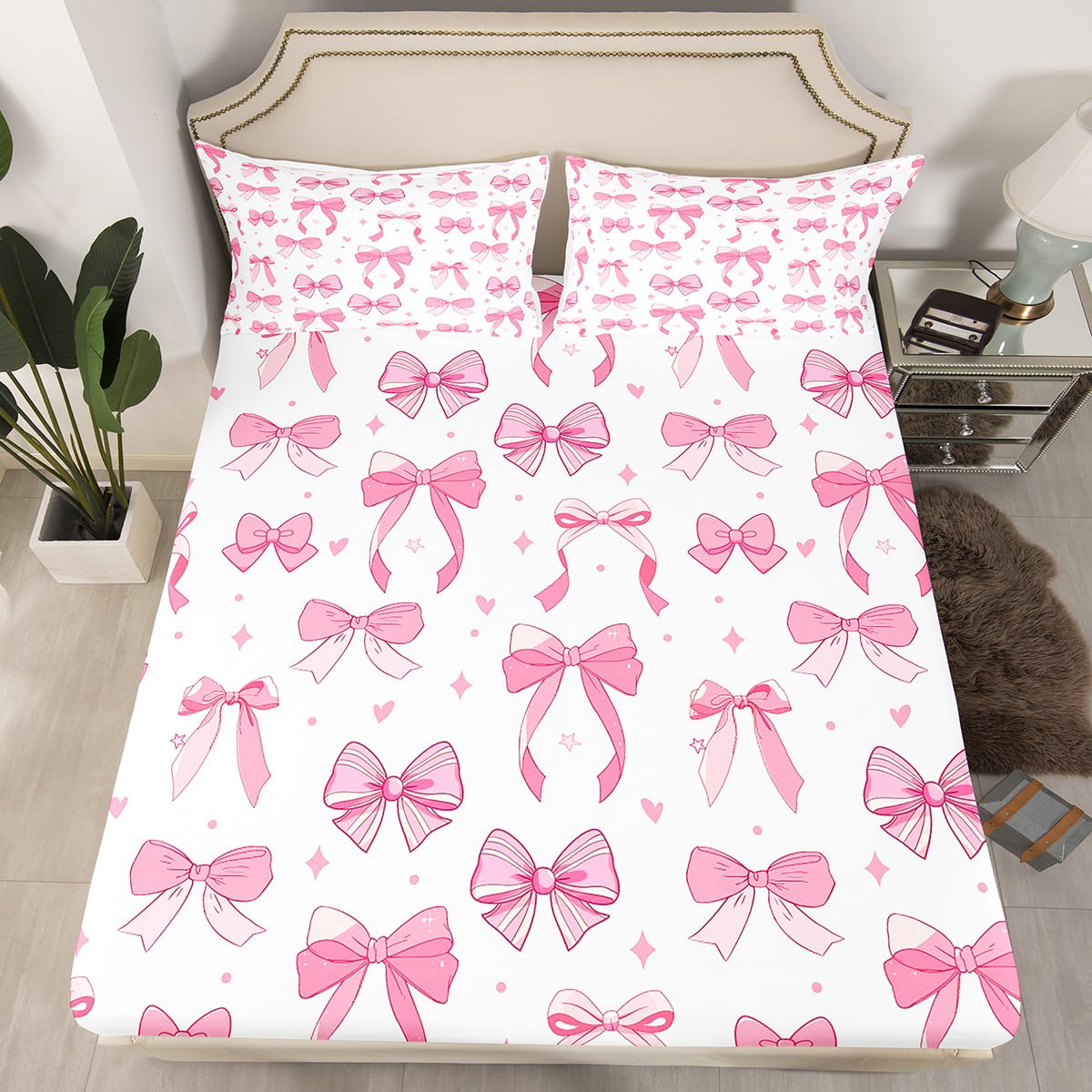 Erosebridal Girly Pink Bowknot Bed Sheets Pink Bow Fitted Sheet ...