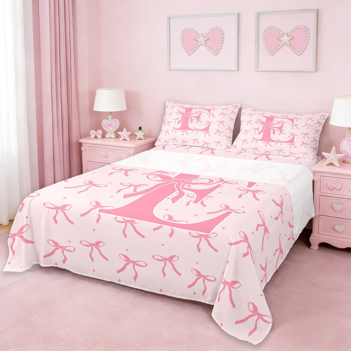 Erosebridal Girly Pink Bows Queen Sheet Sets,Initial Letter E Alphabet ...